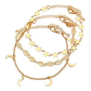 Jewelry | Sparkling Gold 3 Piece Moon Star And Leaf Anklet Simple ...